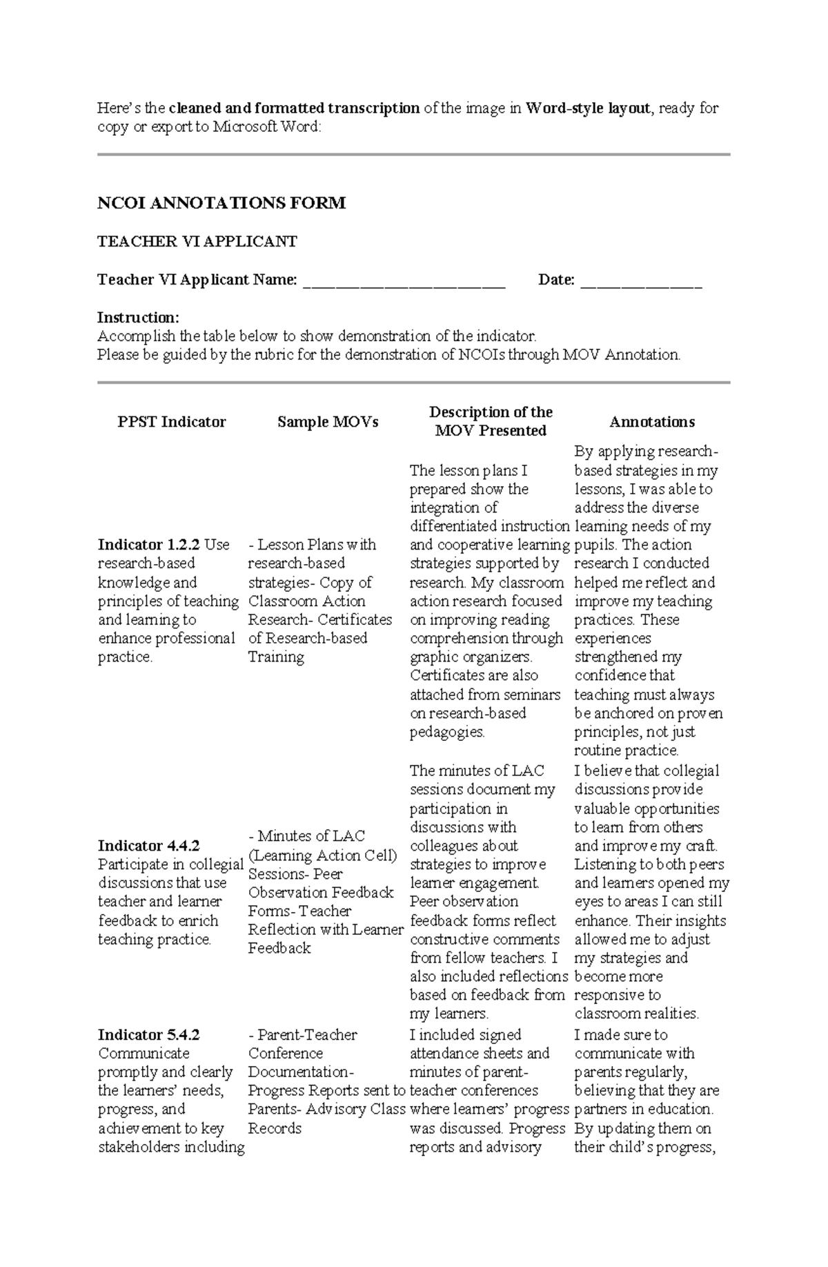 NCOI Annotations Form for Teacher VI Applicant: Documentation ...