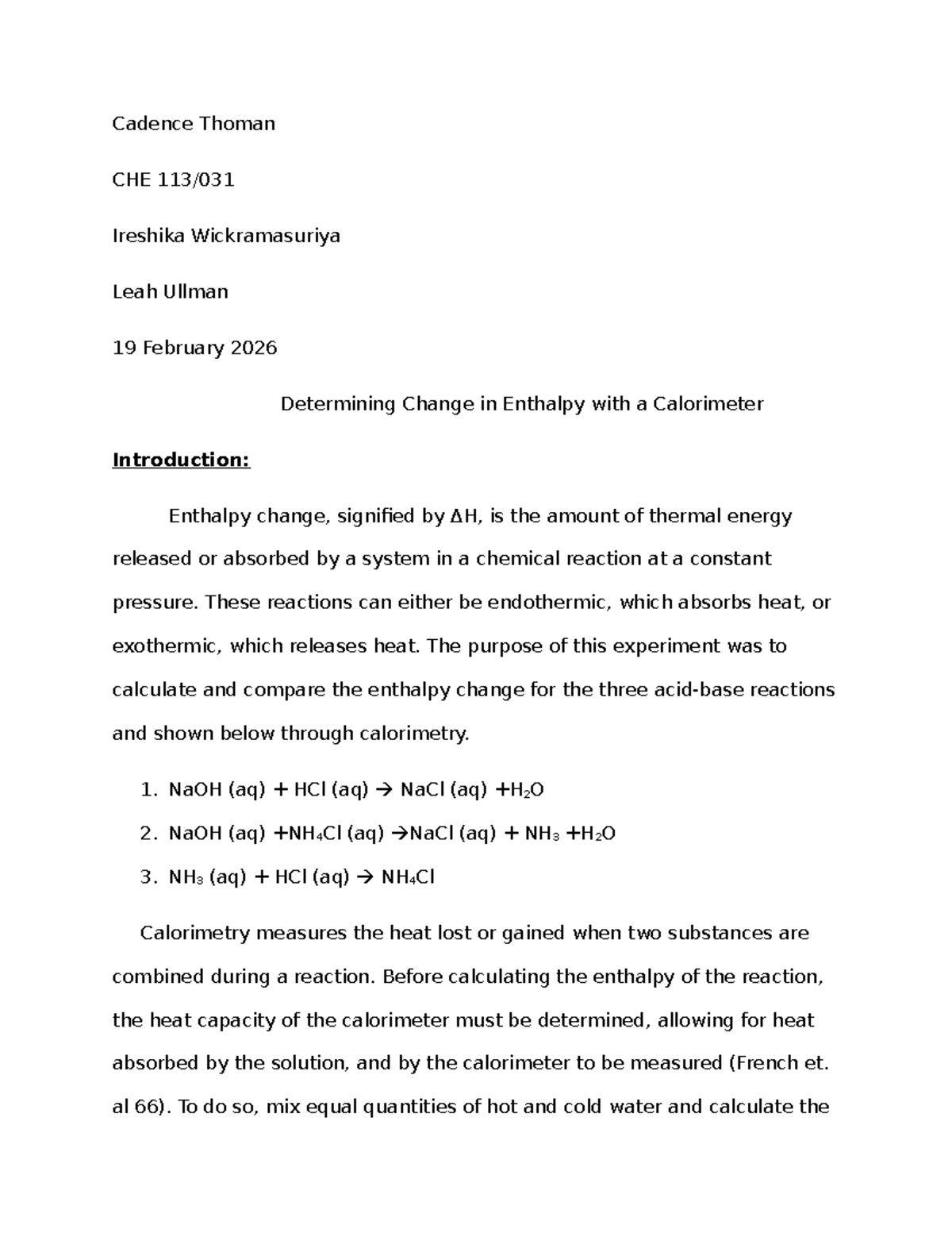 CHE 113 Lab: Enthalpy Change Determination via Calorimetry - Studocu