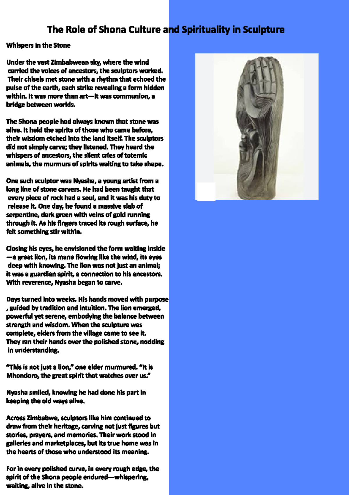 The Role of Shona Culture and Spirituality in Sculpture (EE211) - Studocu