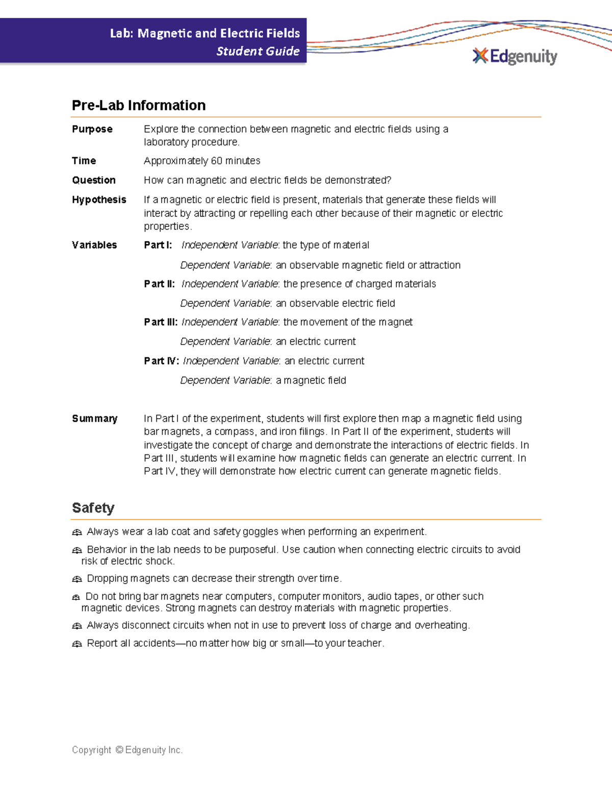Lab-Magnetic and Electric Fields-Student Guide - Copyright © Edgenuity ...