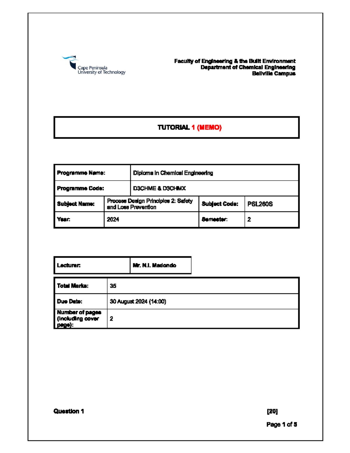 2024 PSL260S Process Design Principles 2 Tutorial 1 Memo - Studocu