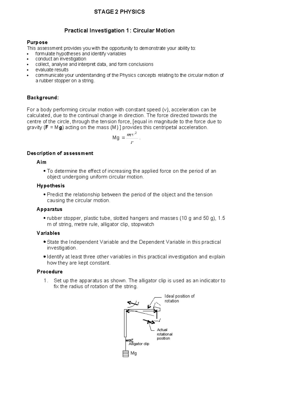 Stage 2 Physics Practical Investigation: Uniform Circular Motion ...