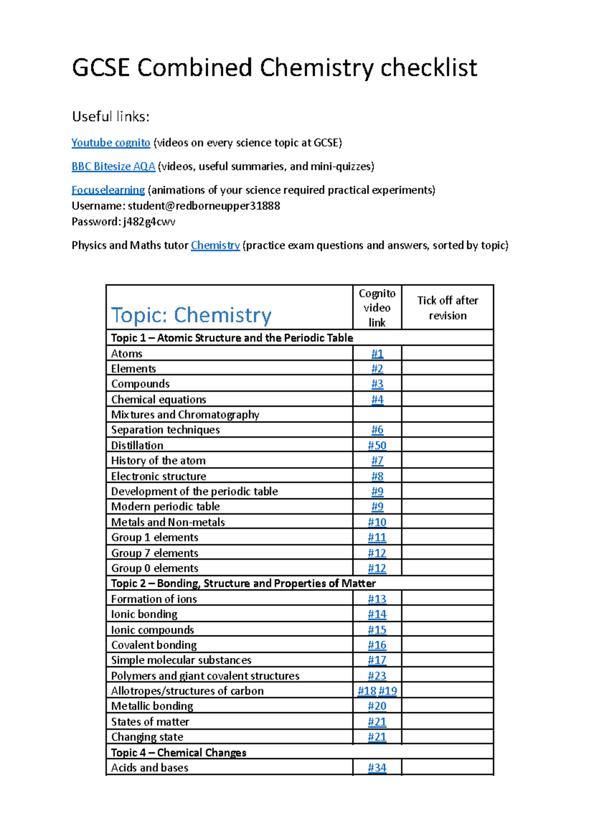 GCSE Chemistry Checklist: Topics & Resources for Revision - Studocu