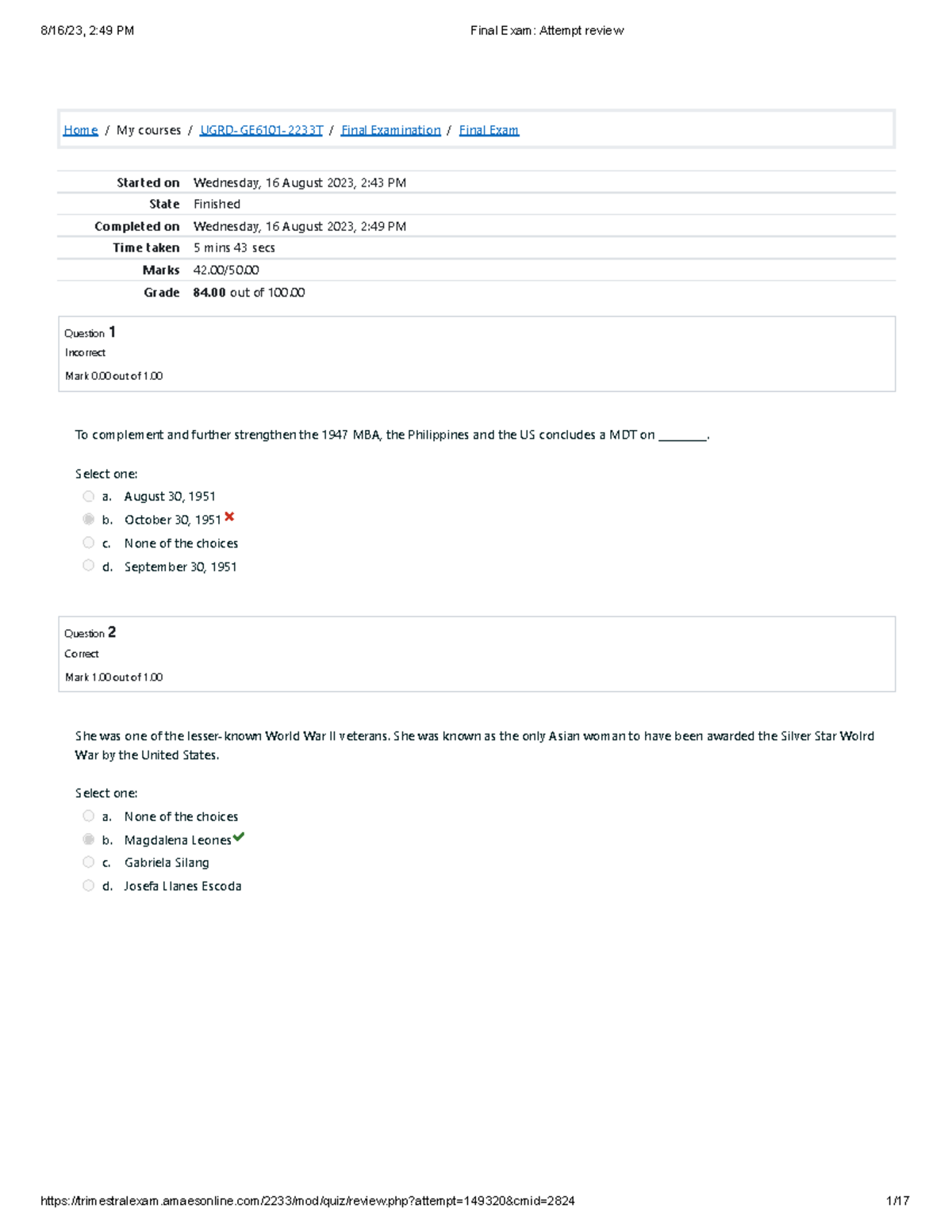 Final Exam UGRD-GE6101 Readings in Philippine History - Home / My courses / UGRD-GE6101-2233T ...