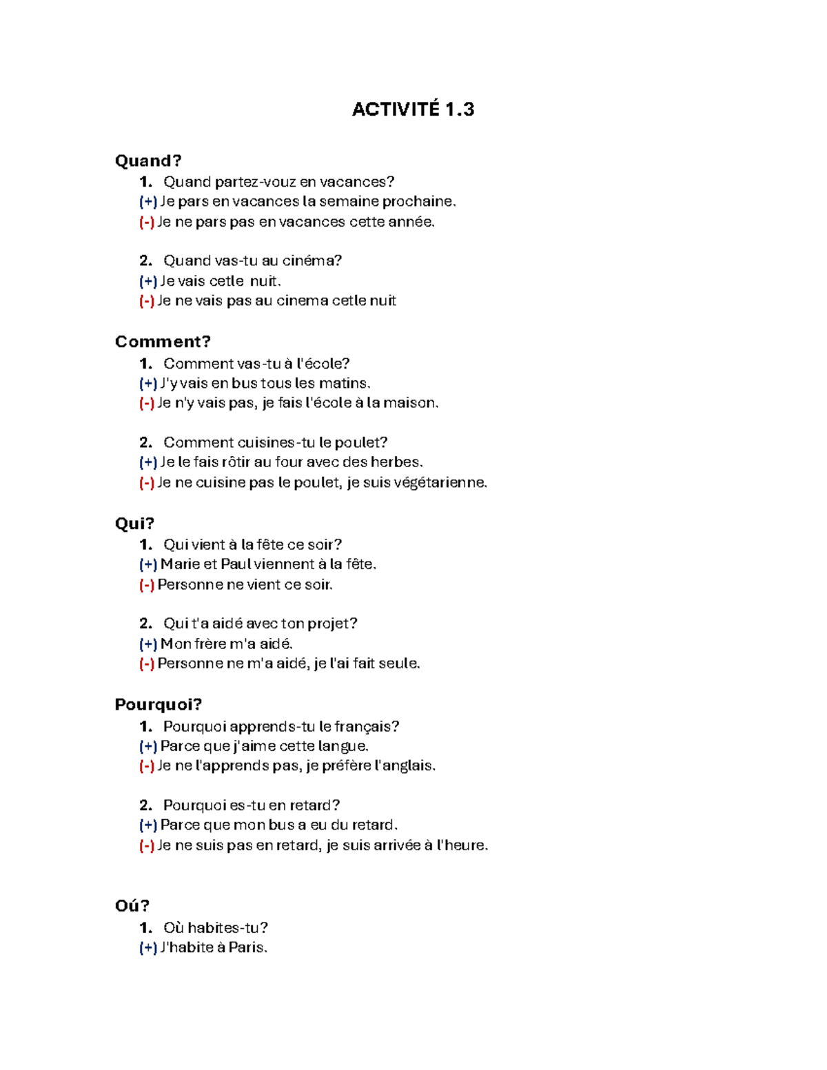 Activité 1 - Homework, activite 1.1 - ACTIVITÉ 1. Quand? Quand partez-vouz en vacances? (+) Je ...