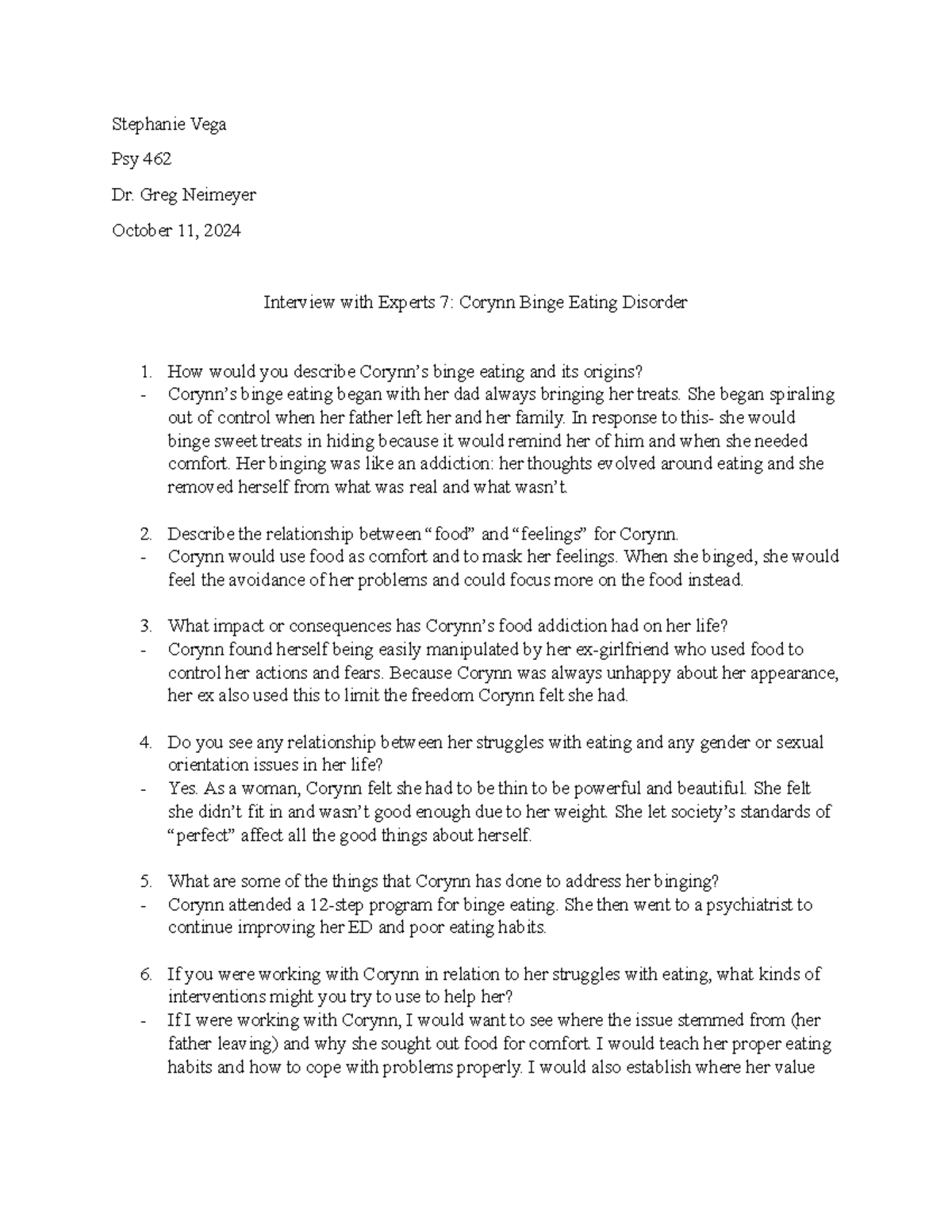Psy 462: Interview with Expert 7 on Corynn's Binge Eating Disorder ...
