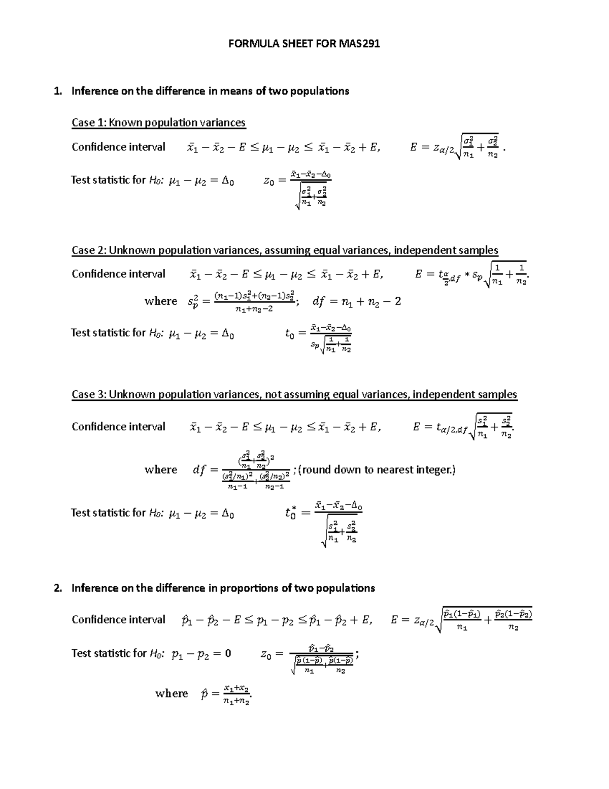 Formula Sheet for MAS291: Inference on Means & Proportions - Studocu