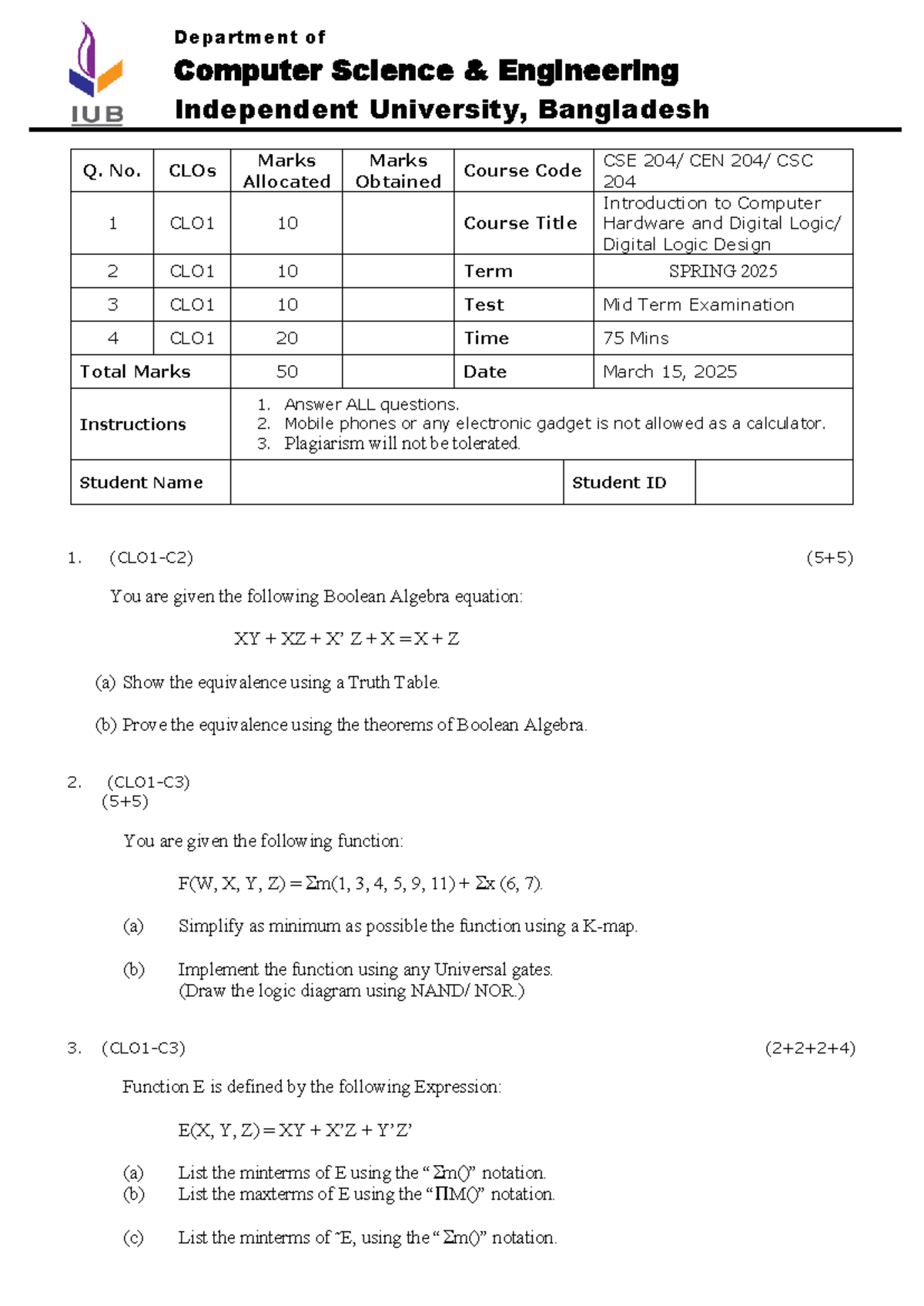 Midterm Exam Questions for CSE-204: Computer Hardware & Digital Logic Design - Studocu