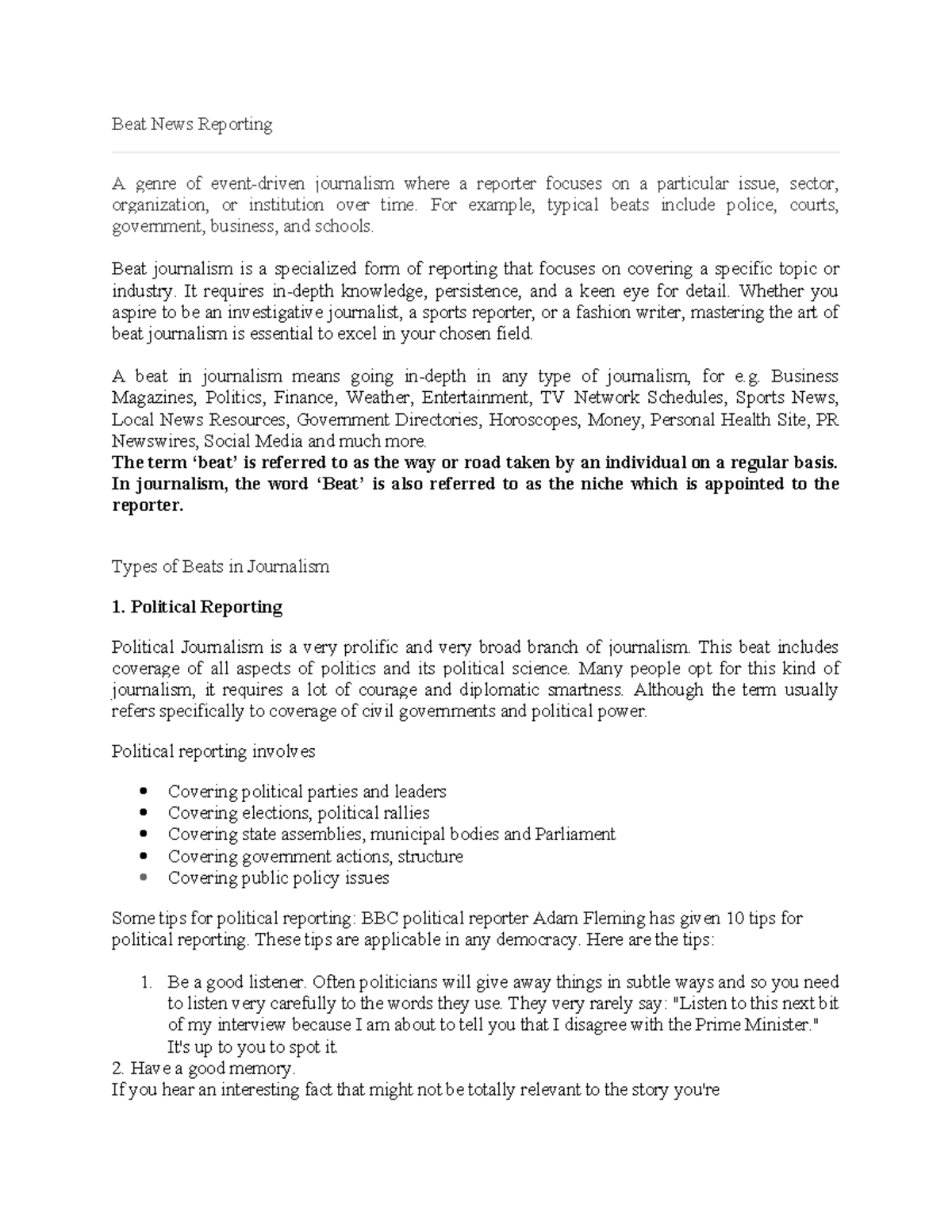 Beat News Reporting: Understanding Different Journalism Beats - Studocu