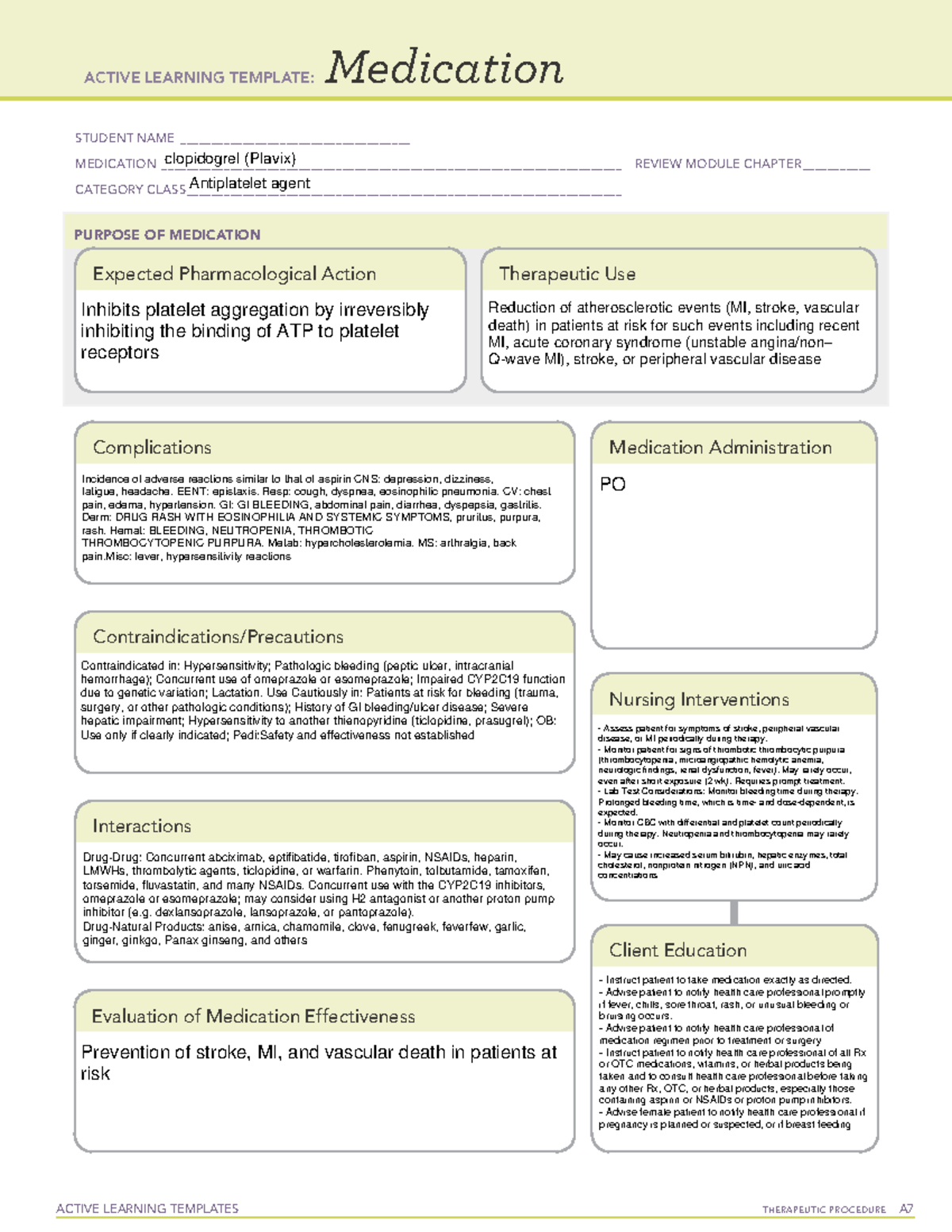 ATI Active Learning Template: Clopidogrel (Plavix) Medication Overview ...