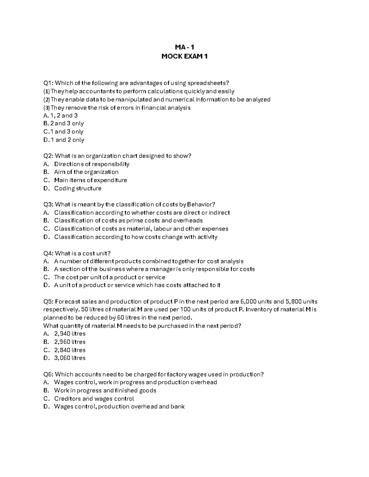 Mock Exam 1 for ACCA FIA MA1 - Practice Questions and Answers - Studocu