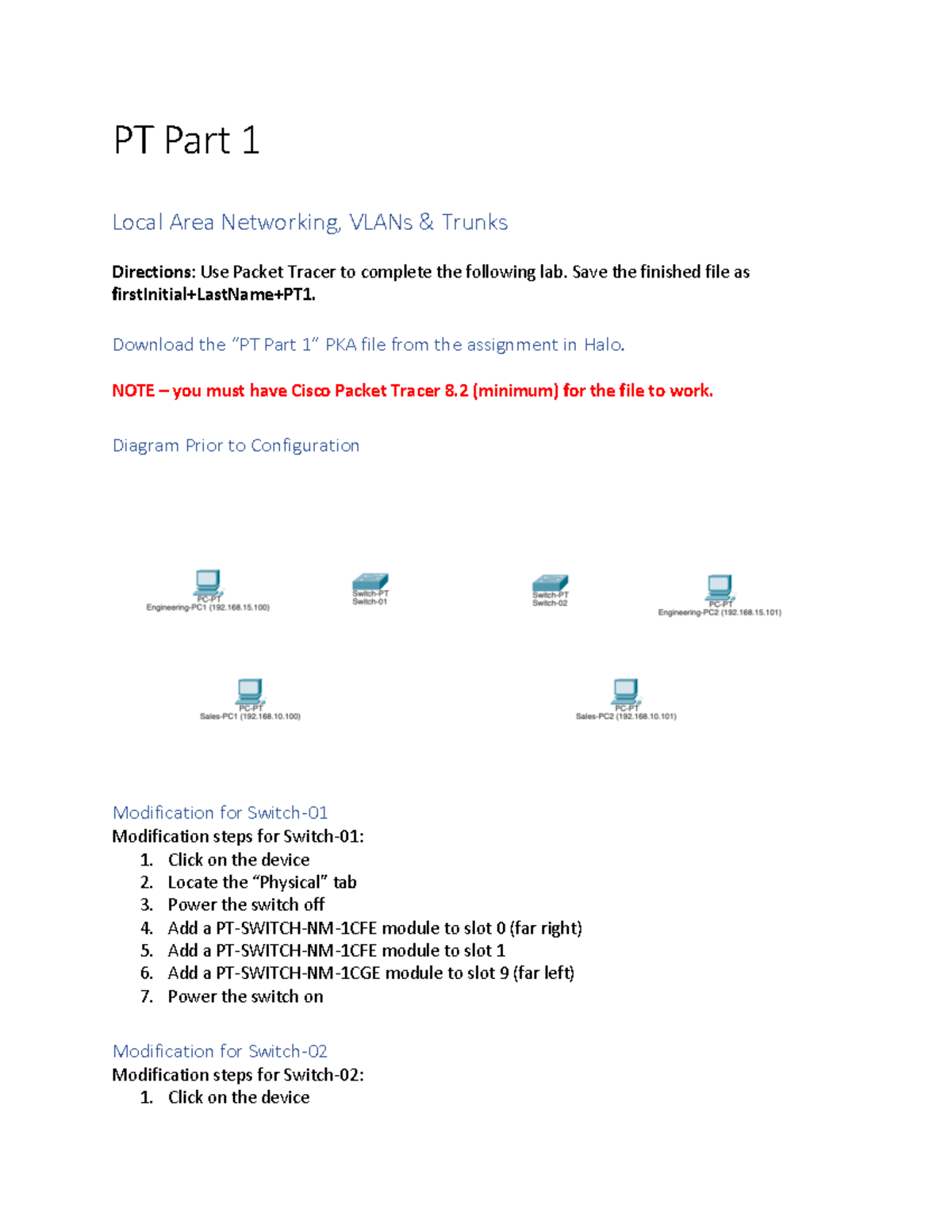 PT Part 1 Lab: Local Area Networking, VLANs & Configuration Steps - Studocu