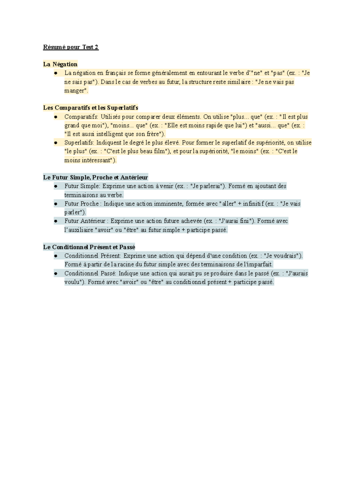 Résumé pour Test 2 Grammaire - Négation, Comparatifs & Futur Simple ...