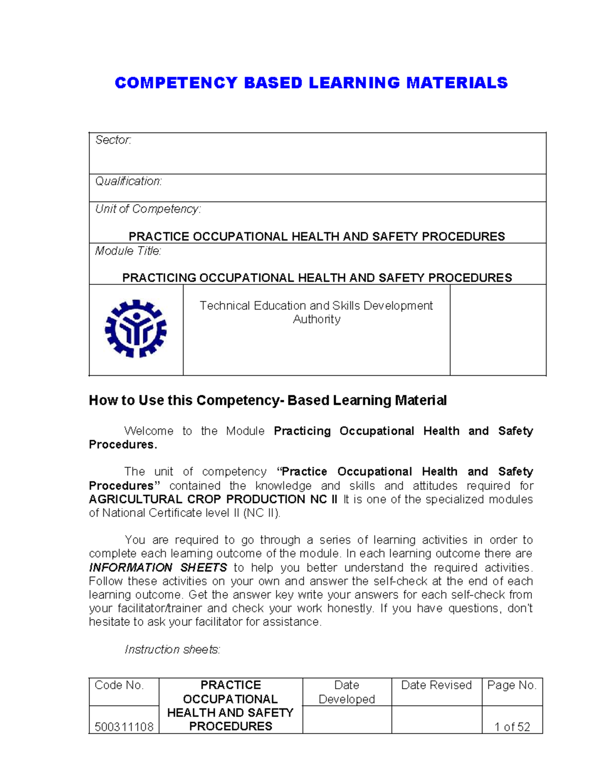 PRACTICE OCCUPATIONAL HEALTH AND SAFETY PROCEDURES NC II Module Guide ...