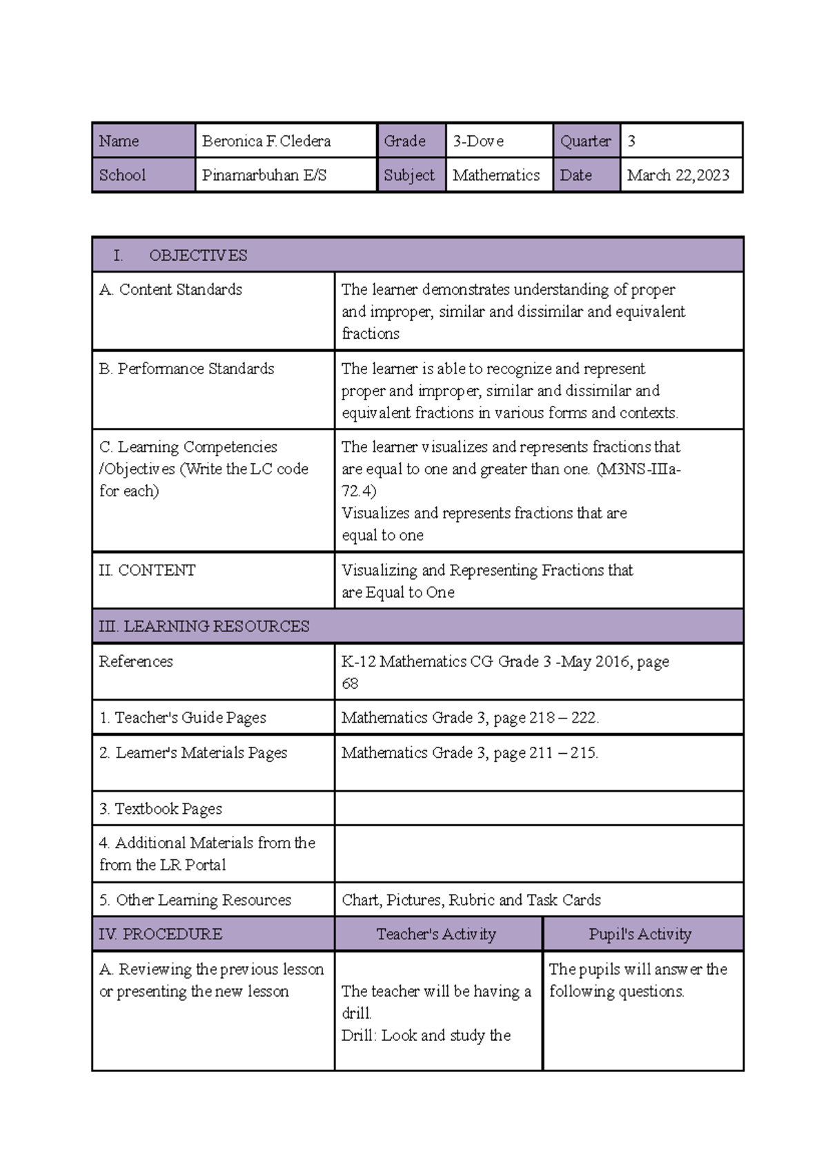 Visualizing Fractions Equal to One - Mathematics 3 Lesson Plan - Studocu
