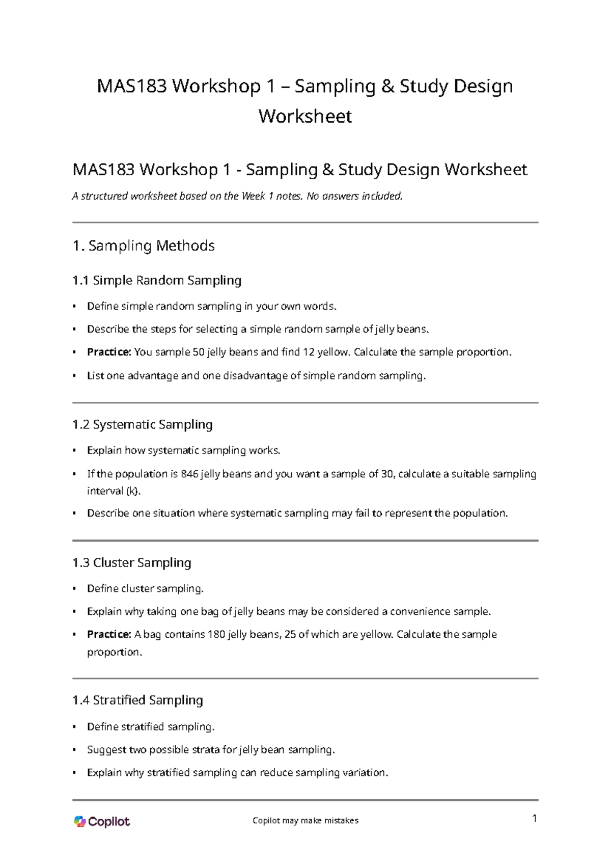 MAS183 Workshop 1 - Sampling Methods & Study Design Worksheet - Studocu