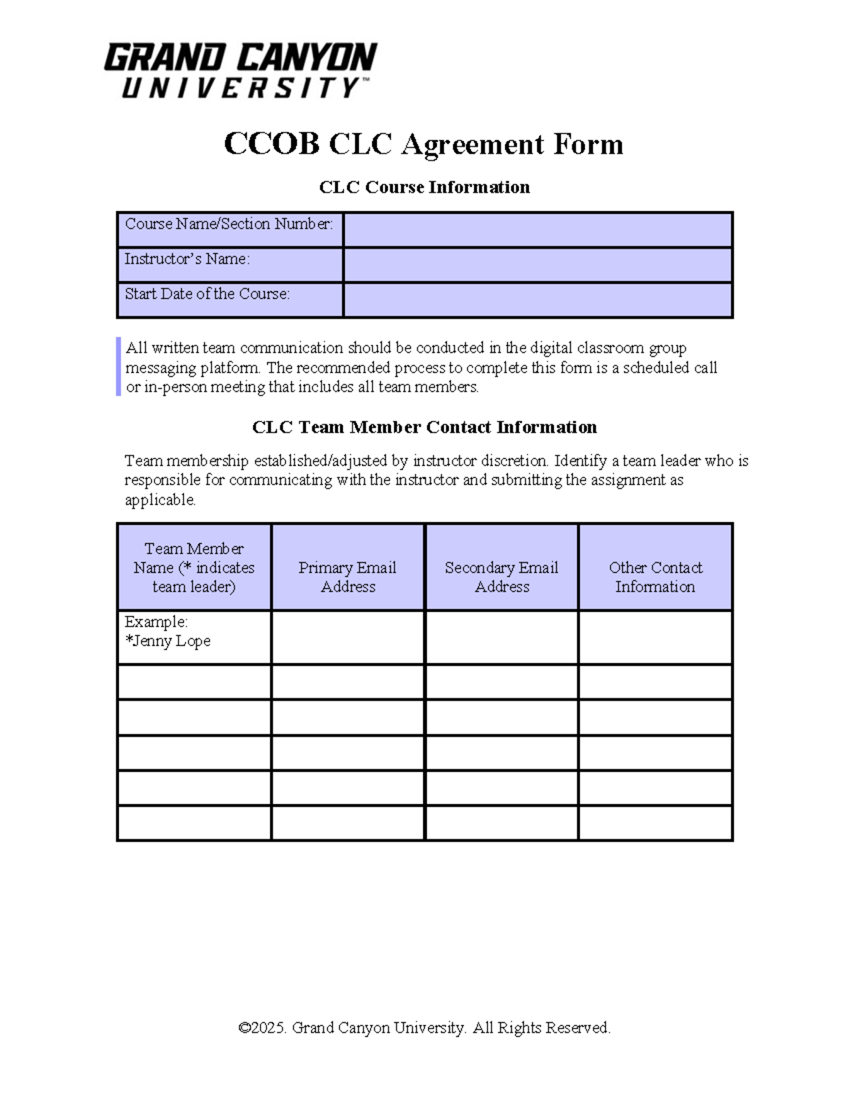 CCOB CLC Agreement Form: Team Communication & Procedures Guide - Studocu