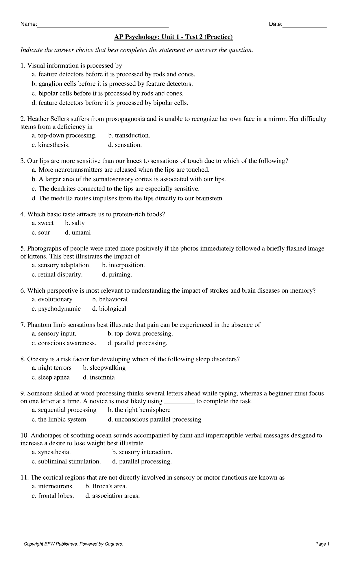 AP Psychology: Unit 1 Test 2 Practice Questions and Answers - Studocu