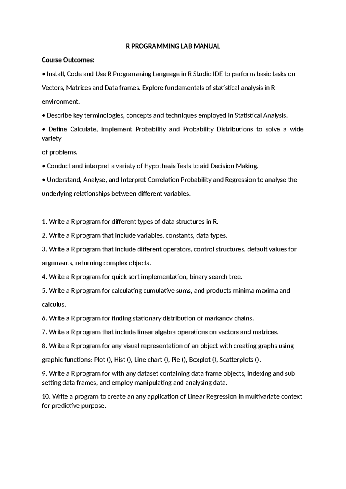 R Programming LAB Manual - R PROGRAMMING LAB MANUAL Course Outcomes: Install, Code and Use R ...