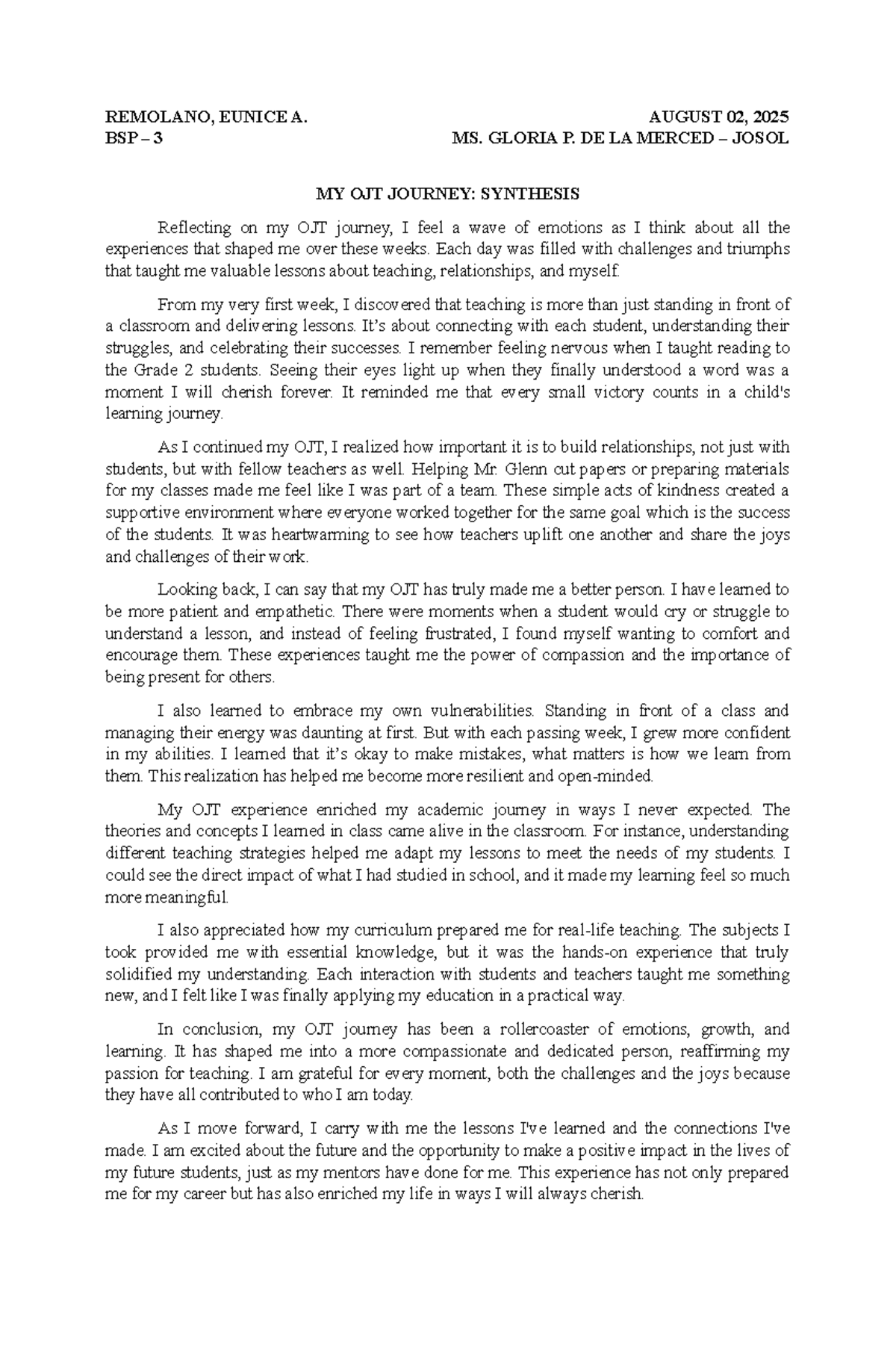 BSP 3 OJT Journey Synthesis: Reflections on Growth and Learning - Studocu