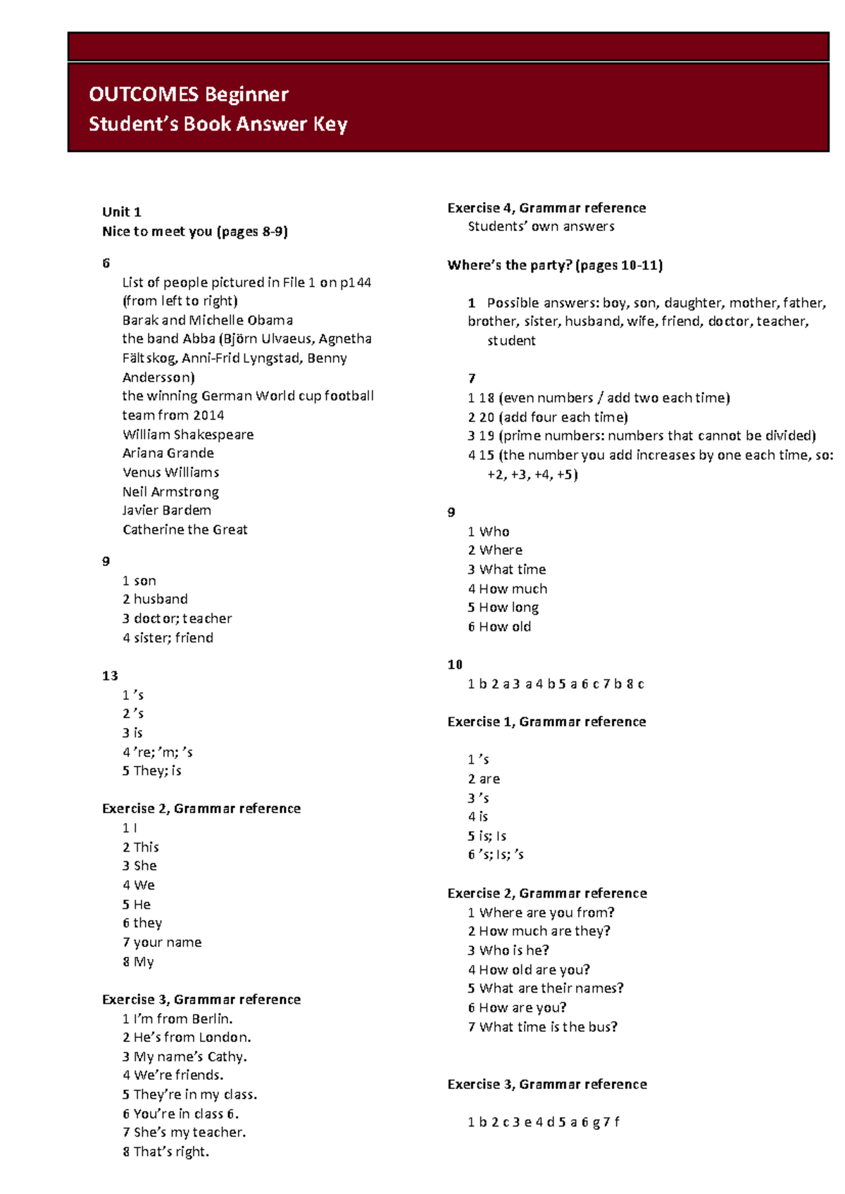 OUTCOMES Beginner Book Answer Key Unit 1: Nice to Meet You - Studocu