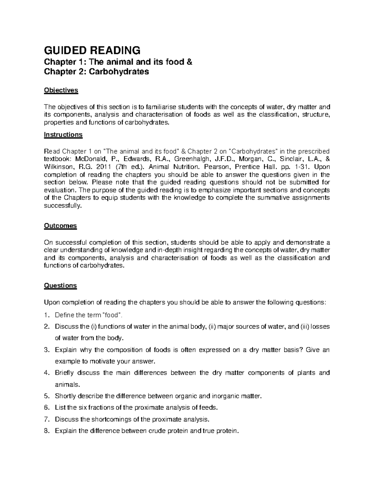 Guided Reading: Animal Nutrition Chapters 1 & 2 Overview - Studocu