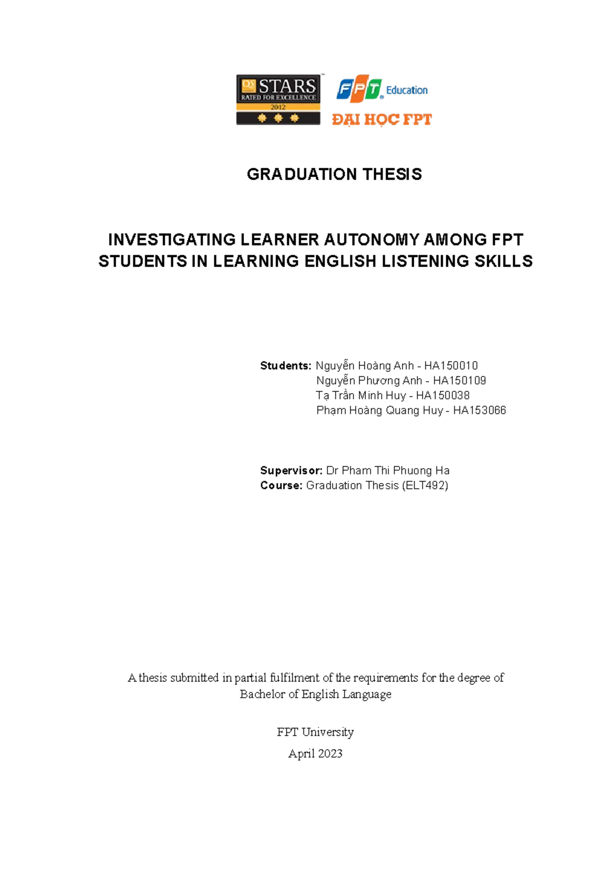 SP23 ELT492 G1 Graduation Thesis on Learner Autonomy in English ...