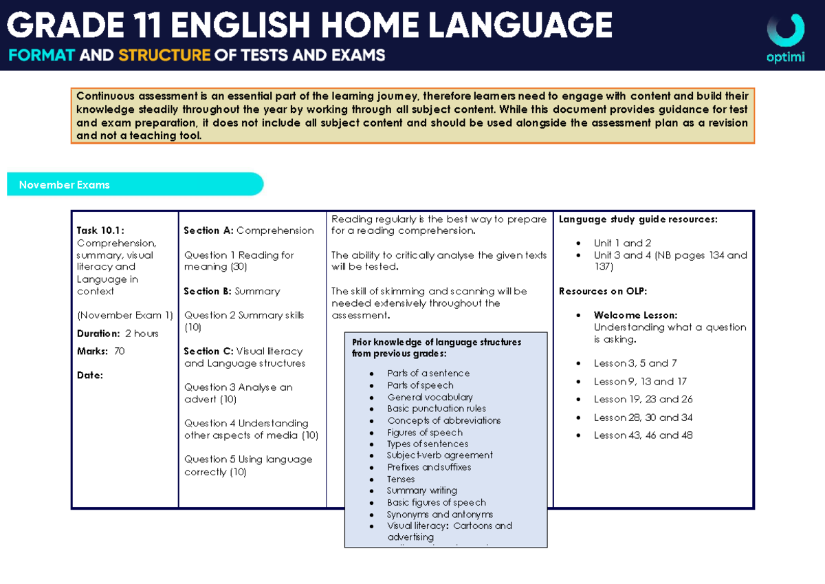 GRAD E 11 ENGLISH HOME LANGUAGE November Exam Revision Guide - Studocu
