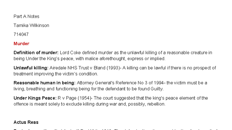 Murder Law Notes (714047) - Key Definitions and Case Law - Studocu