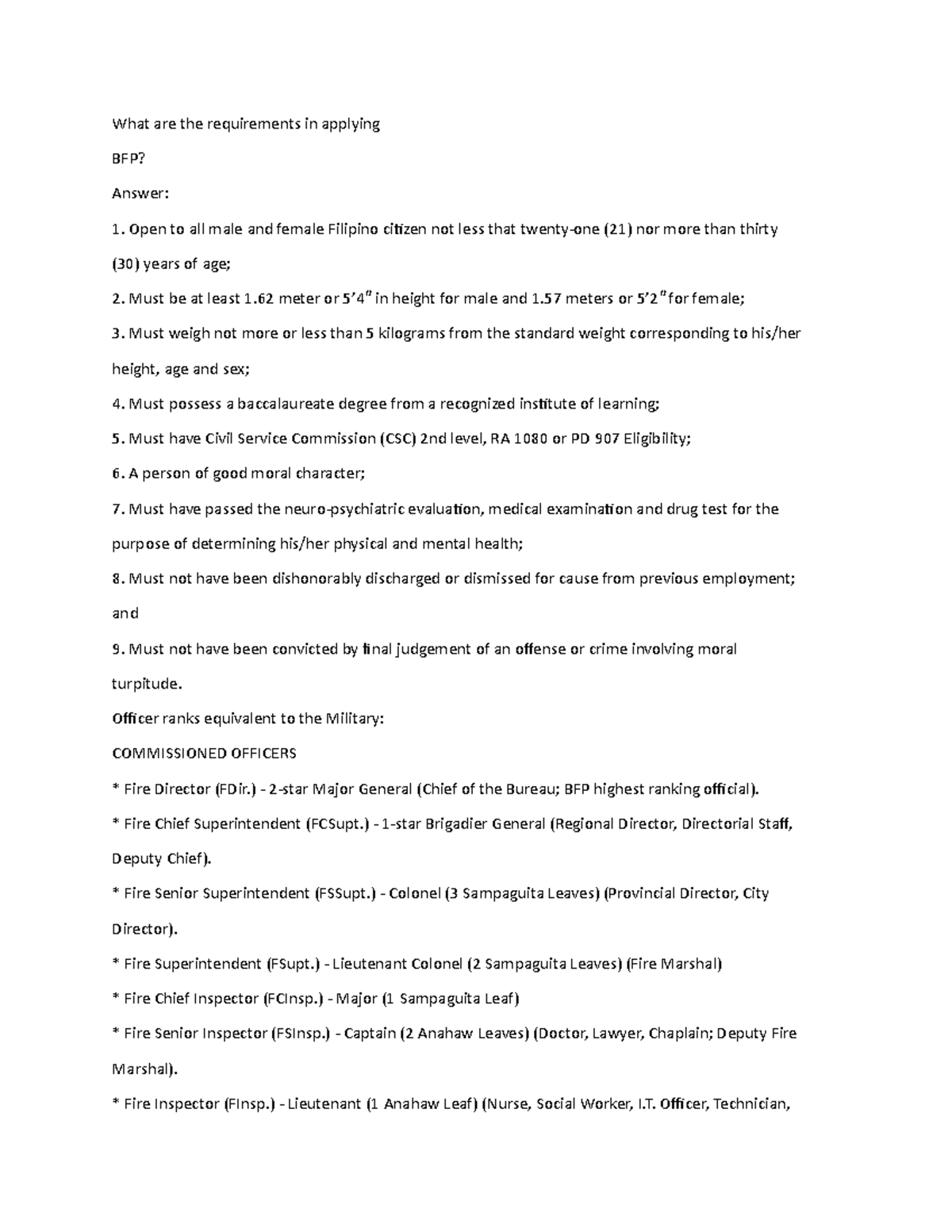 Lecture Notes on BFP Recruitment Requirements LEA19 - Studocu