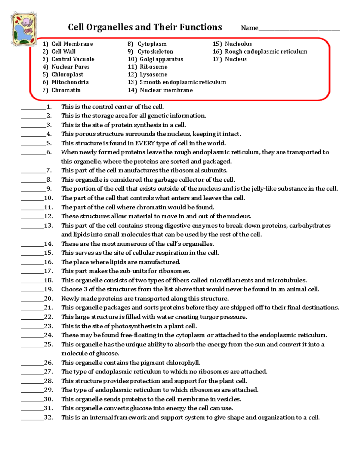 3- Cell Organelle Functions: Key Questions Worksheet - Studocu