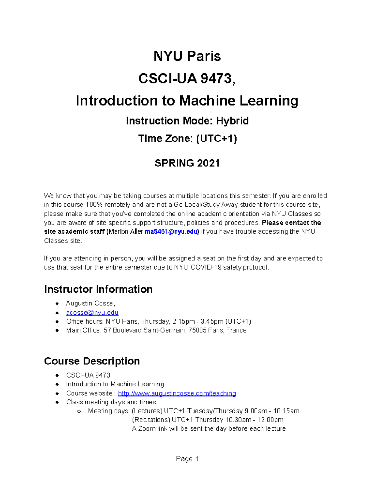 NYU Paris 9473: Intro to Machine Learning Course Outline - Spring 2021 ...