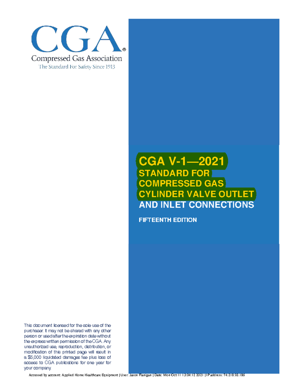 CGA V-1: 2021 Standard for Compressed Gas Cylinder Valve Connections ...