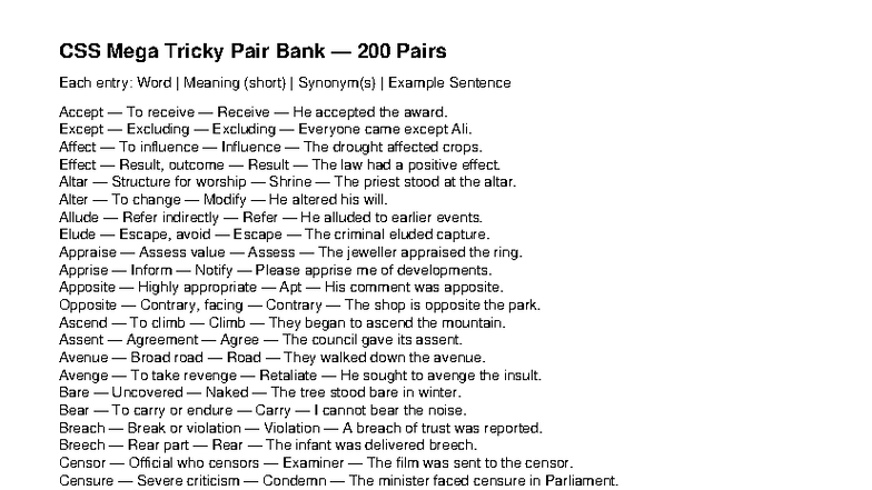 CSS Mega Tricky Pair Bank: 200 Word Meaning Pairs - Studocu