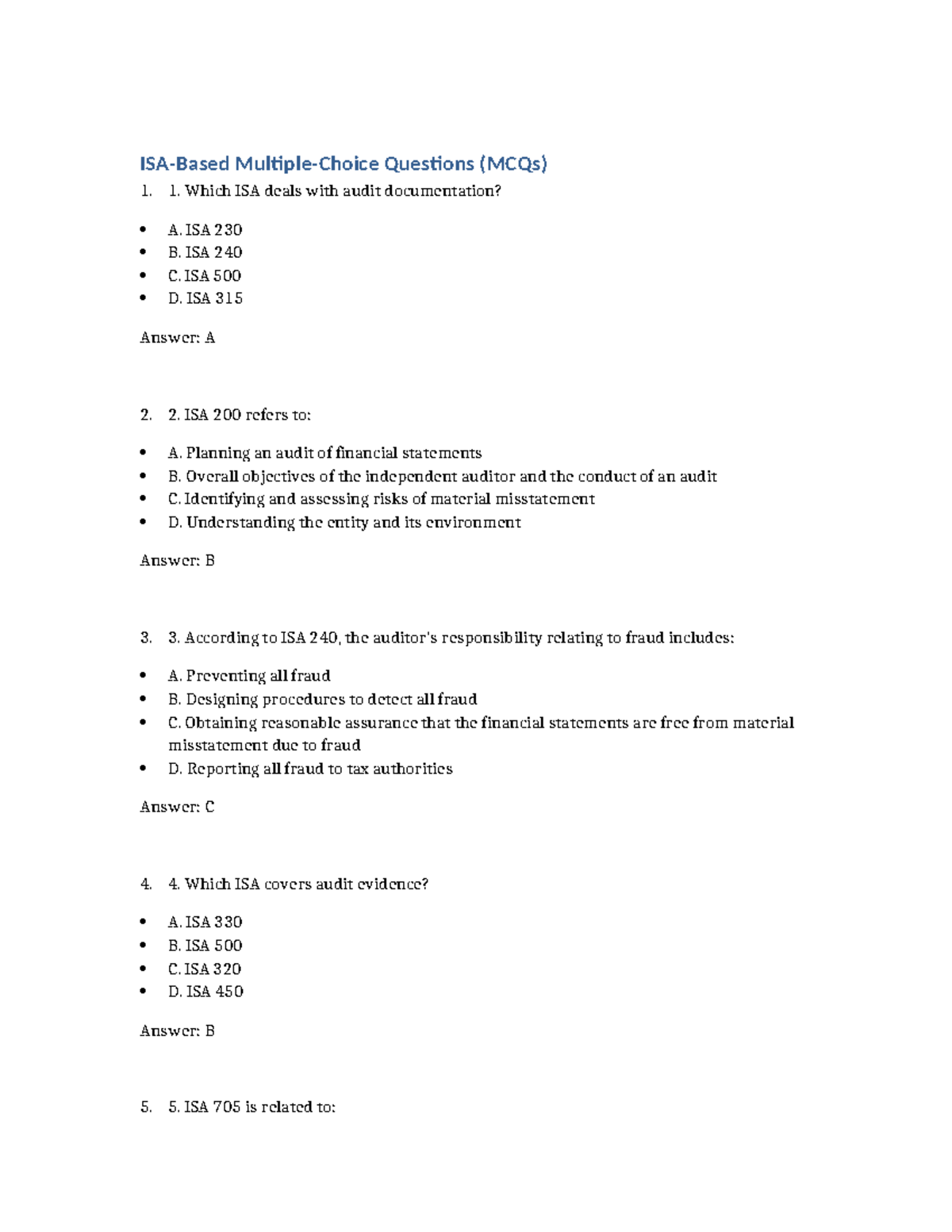 ISA MCQs-1: Key Questions on International Standards of Auditing - Studocu