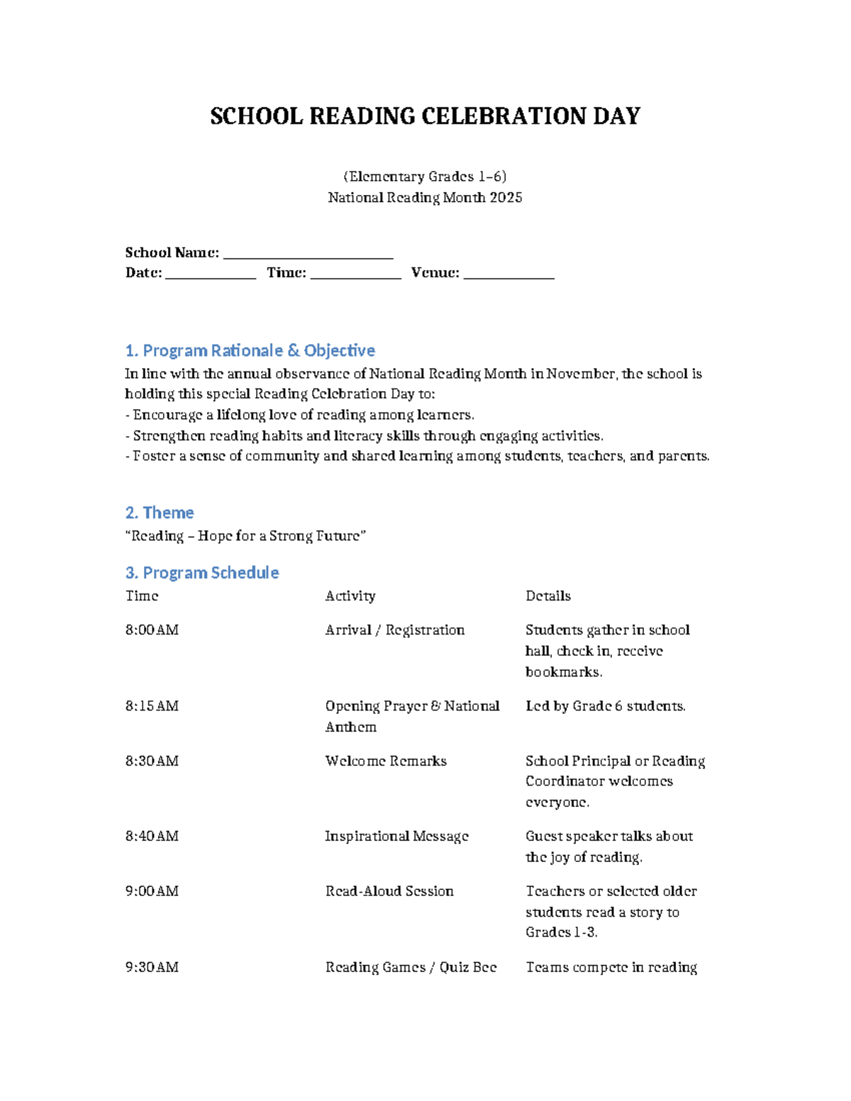 Elementary Reading Celebration Day Program - National Reading Month ...