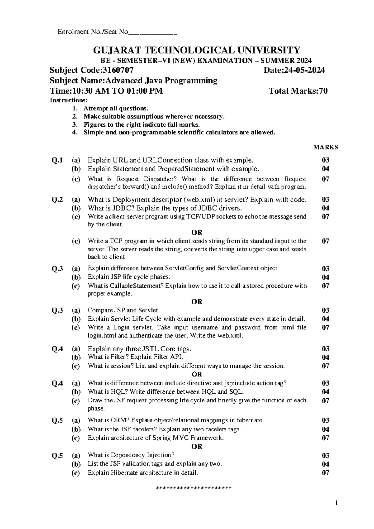 AJP S 2024 - Advanced Java Programming Exam Paper (Code: 3160707) - Studocu