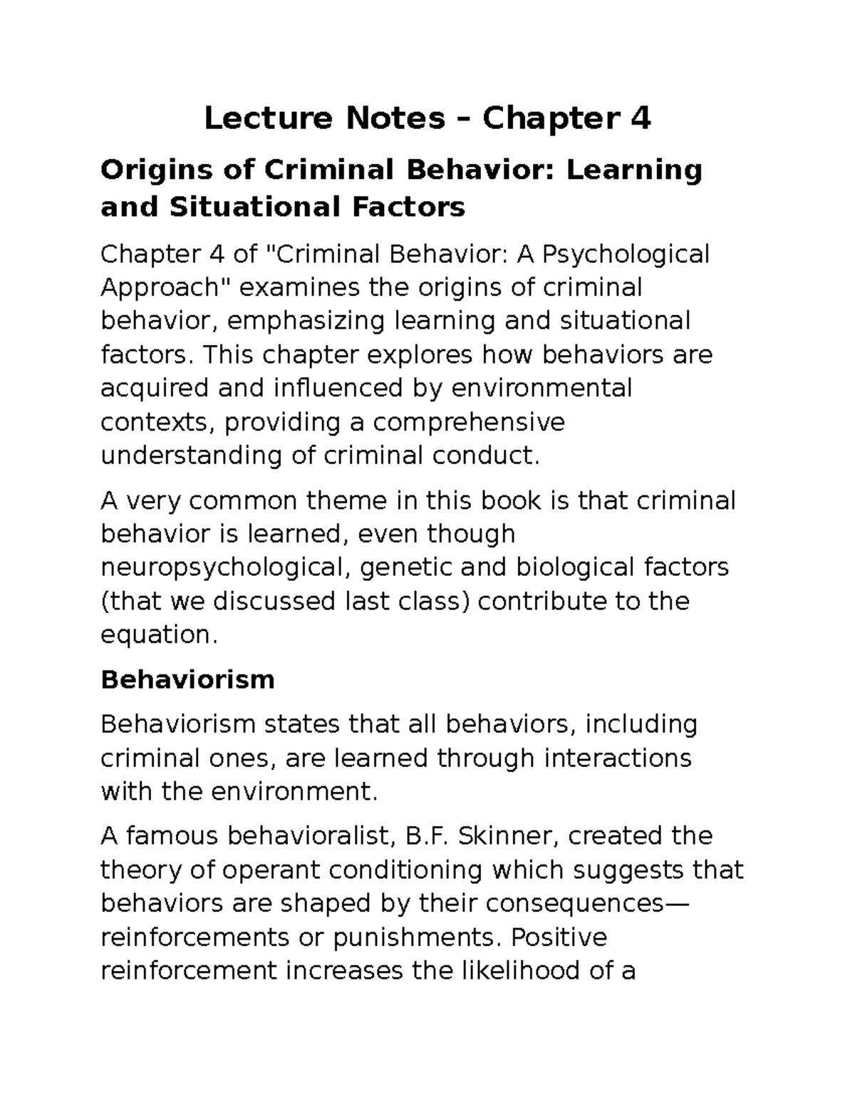Lecture Notes: CRIM 101 - Origins of Criminal Behavior: Learning ...