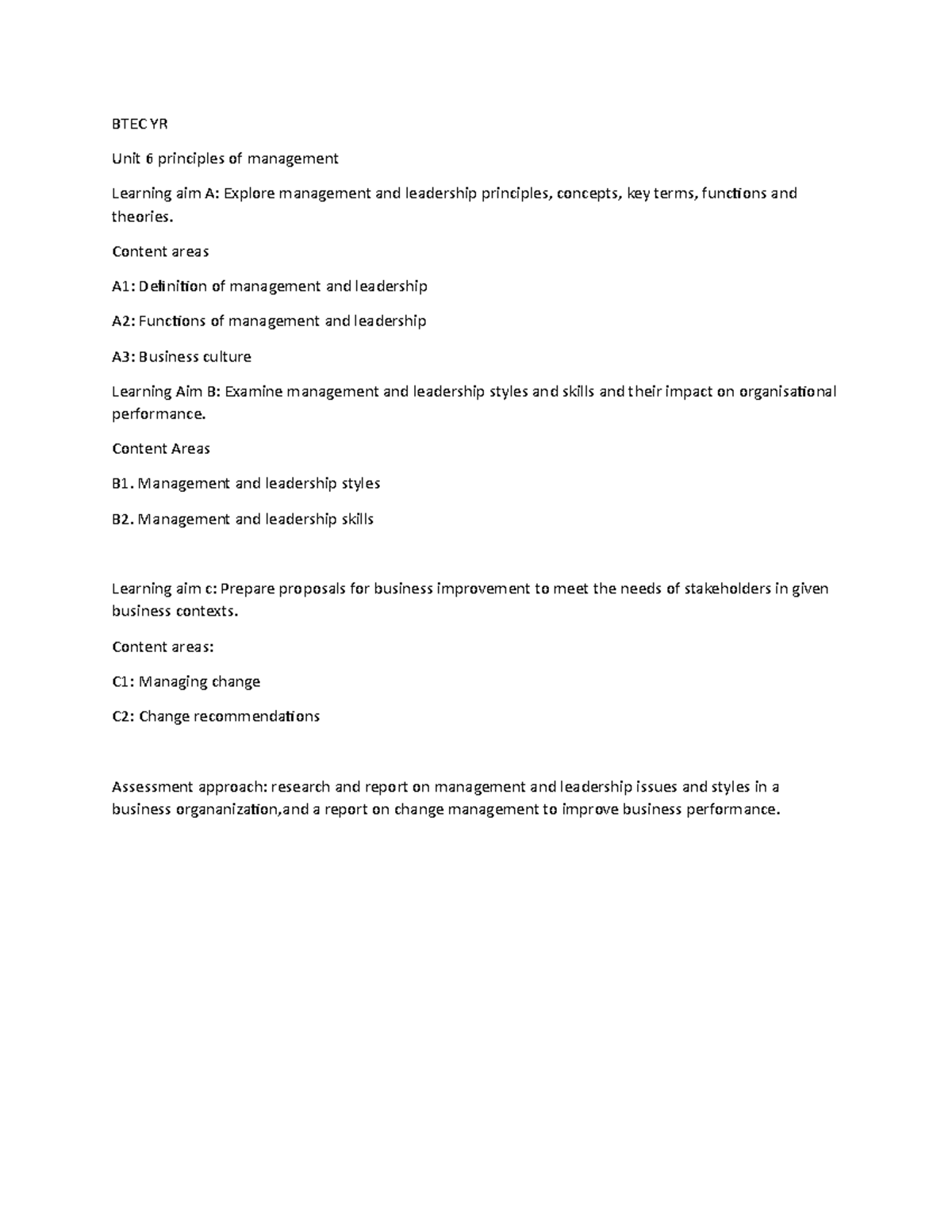 BTEC Unit 6 Management Principles & Leadership Notes - Studocu