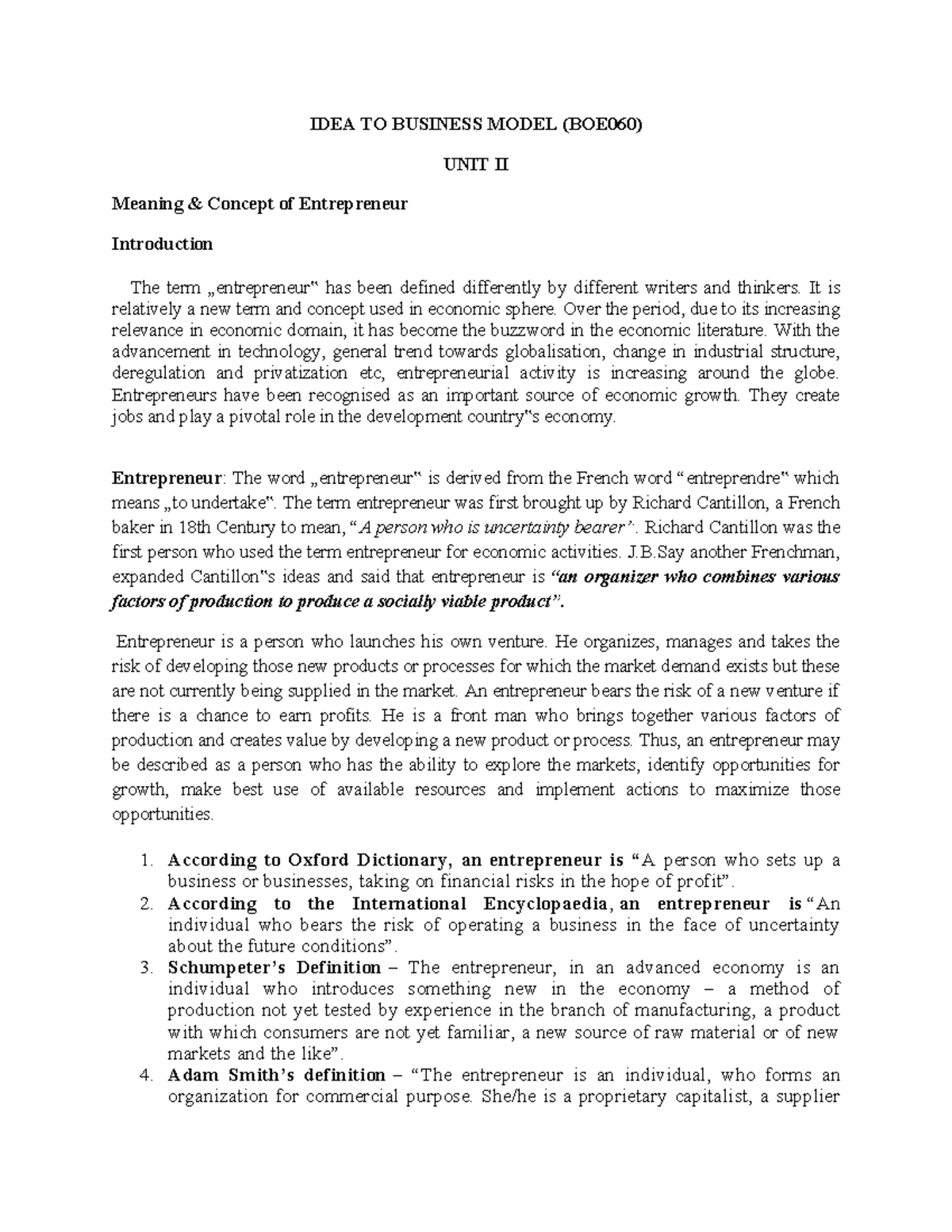 Entrepreneurship Concepts and Business Models (BOE060) Unit II Notes ...