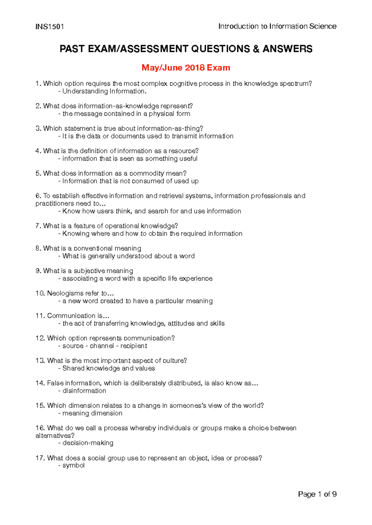 INS1501 Past Exam Qs & A - Comprehensive Guide for Assessments - Studocu