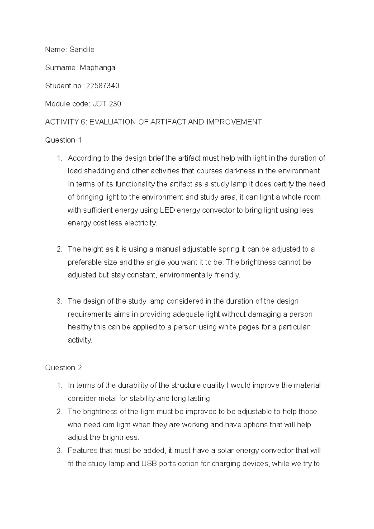 Activity 6 JOT - first semester assignment - Name: Sandile Surname ...