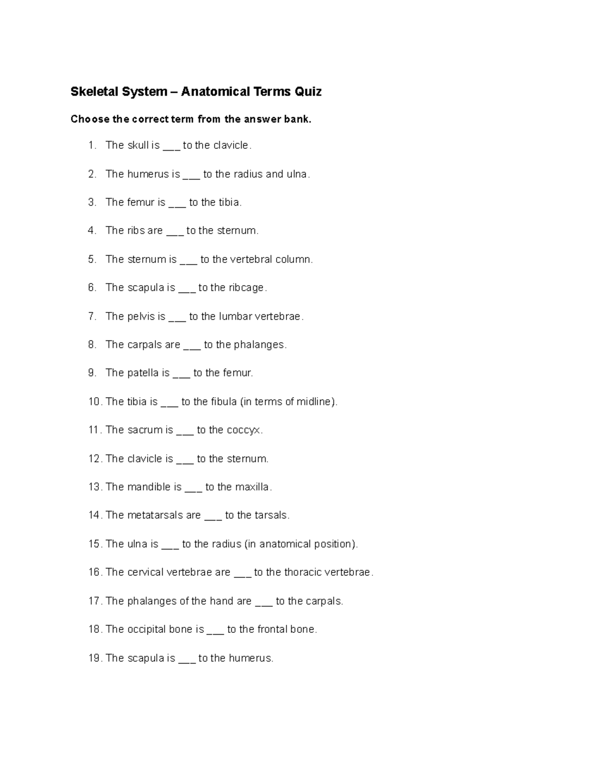 Skeletal System Anatomical Terms Quiz (BIO101) - Studocu