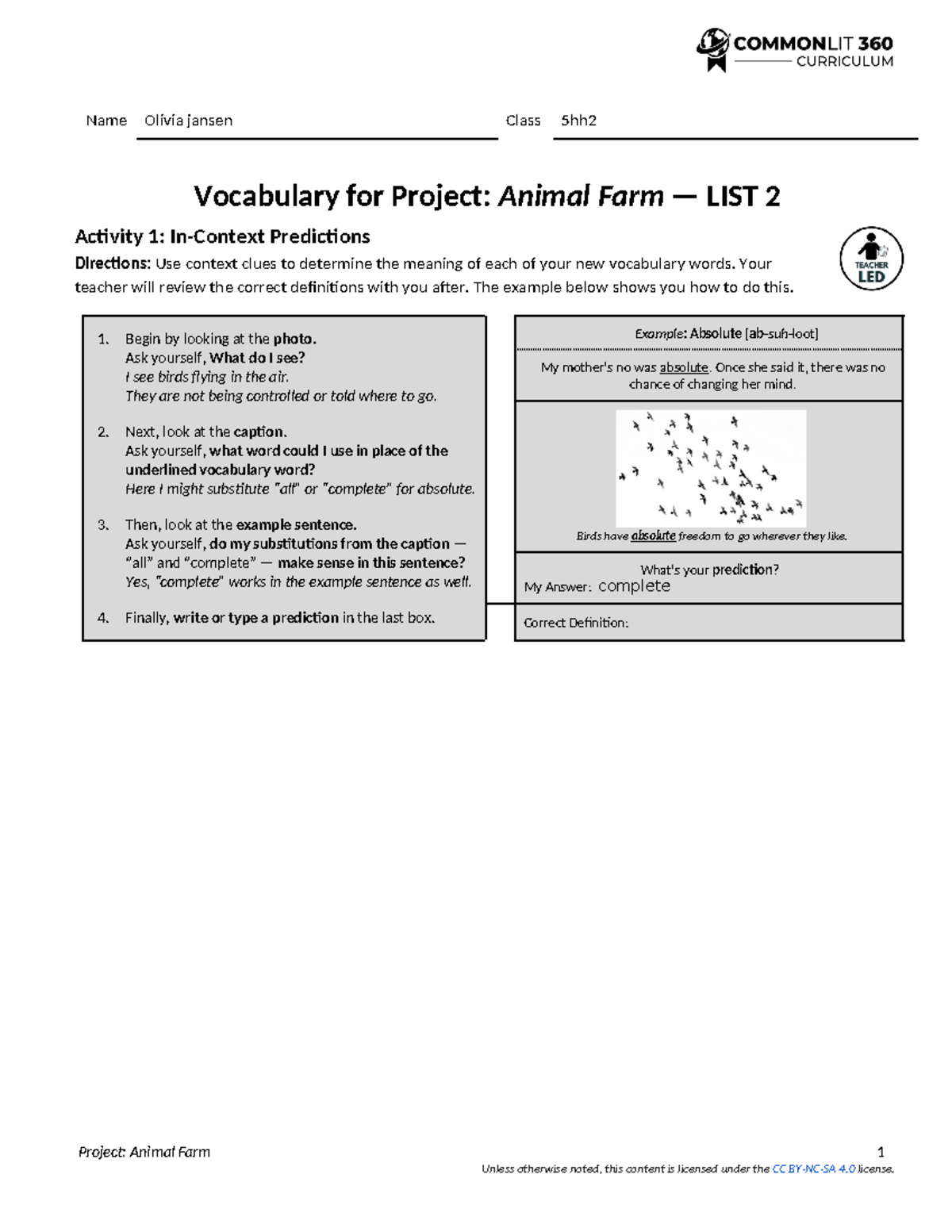 Animal Farm Vocabulary Activity Set 2 for Class 5hh - Studeersnel