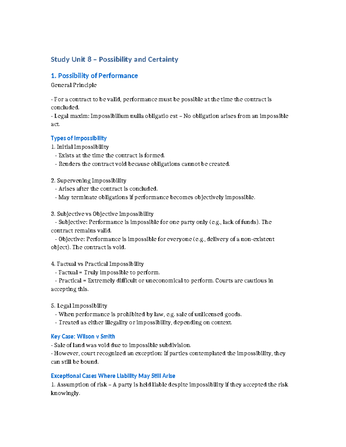 Study Unit 8: Possibility and Certainty in Contract Law - Studocu