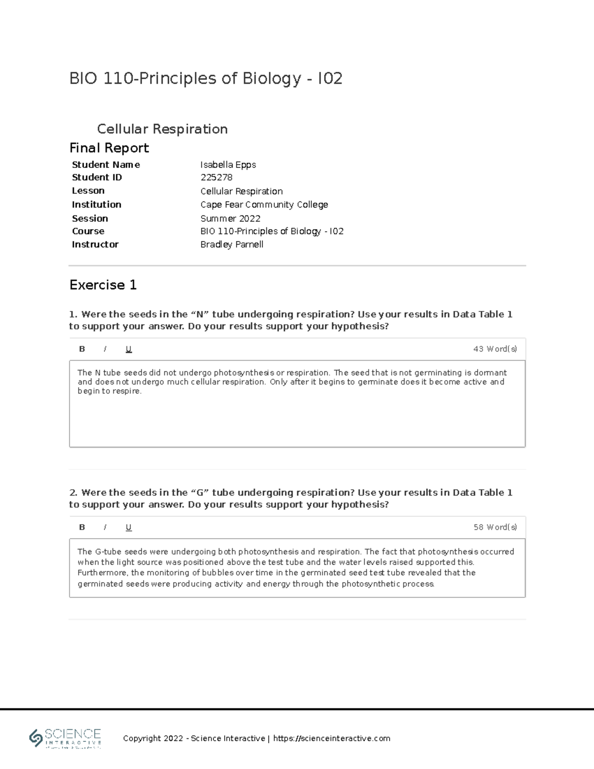BIO110 Cellular Respiration Lesson Report - Summer 2022 (225278) - Studocu