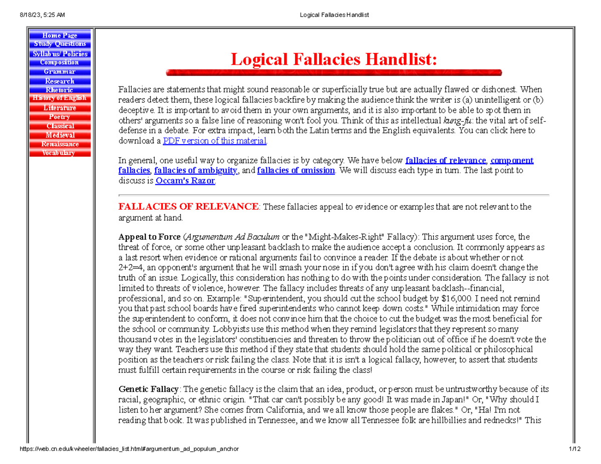 Logical Fallacies: Comprehensive Handlist for Analyzing Arguments - Studocu