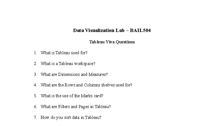 BAIL504 Data Visualization Lab: Tableau Viva Questions Guide - Studocu