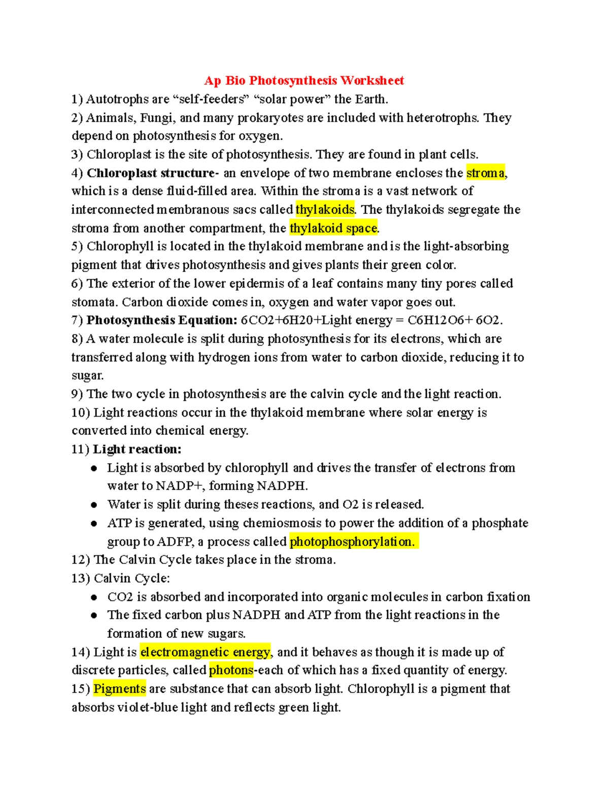 Photosynthesis-worksheet-key - Photosynthesis: Making Energy ...