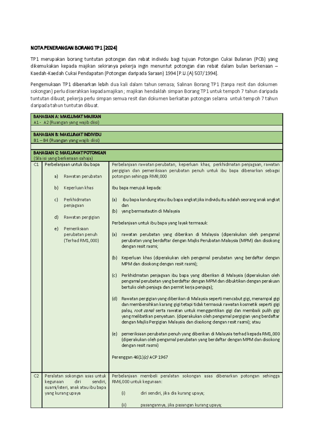 Nota Penerangan Borang TP1 untuk Potongan Cukai Individu 2024 - Studocu